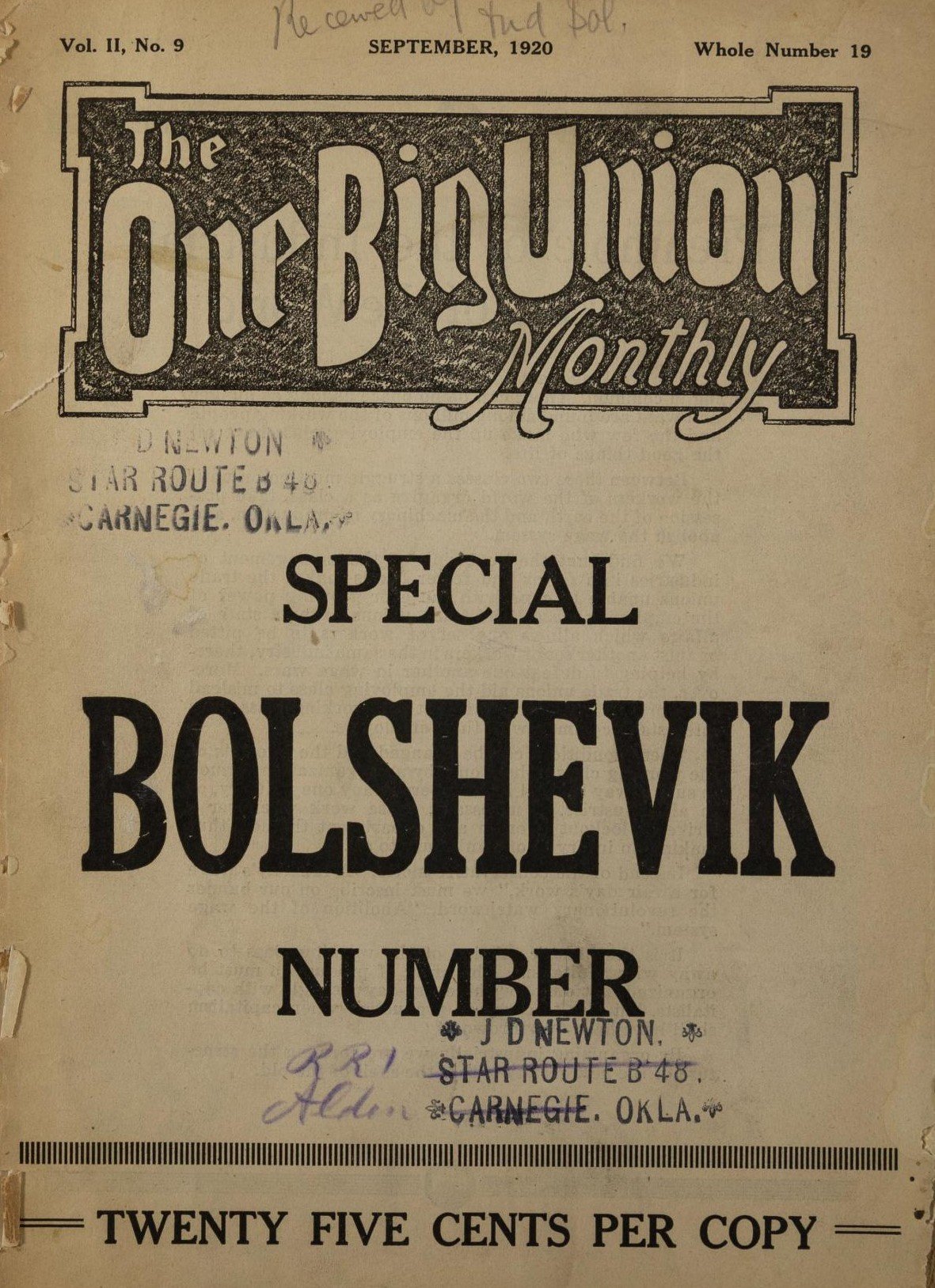 One Big Union Monthly. Vol. 2 No. 19. September, 1920. – Revolution's ...