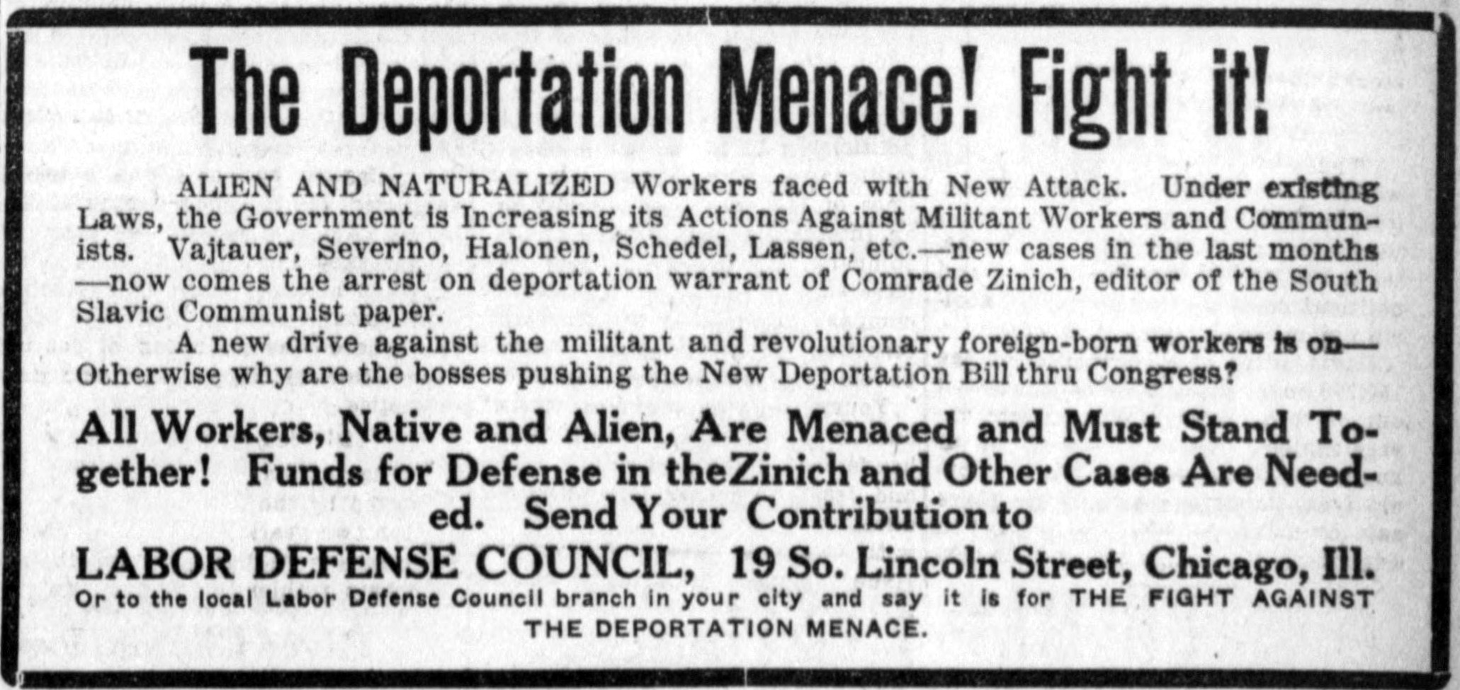 ‘Deportation Menace Must be Combated’ from The Daily Worker. Vol. 2 No ...